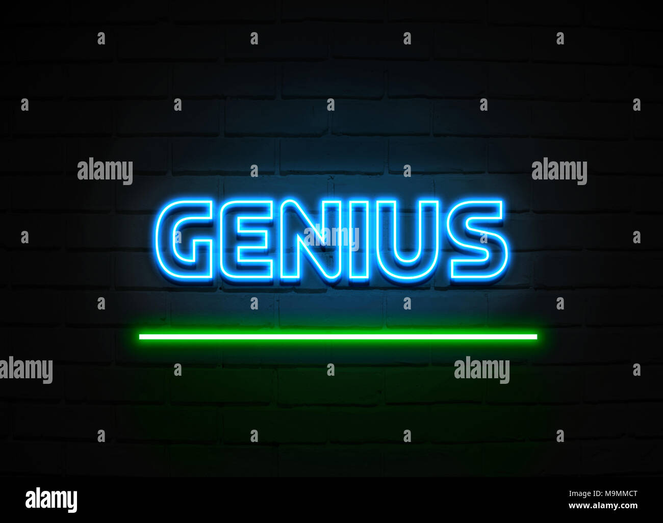 Genius neon sign - Glowing Neon Sign on brickwall wall - 3D rendered ...