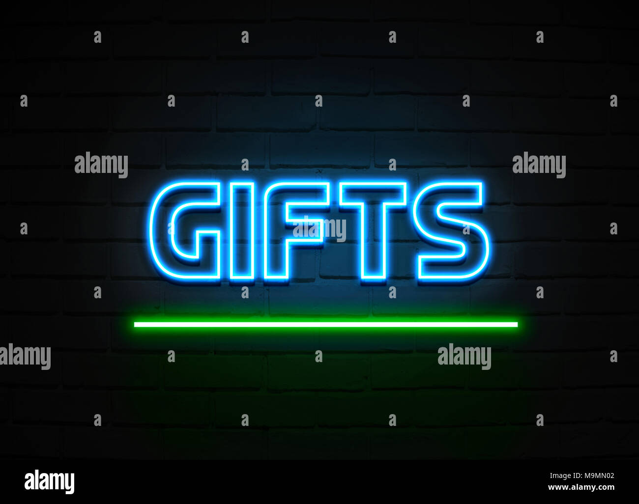 Gifts neon sign - Glowing Neon Sign on brickwall wall - 3D rendered ...