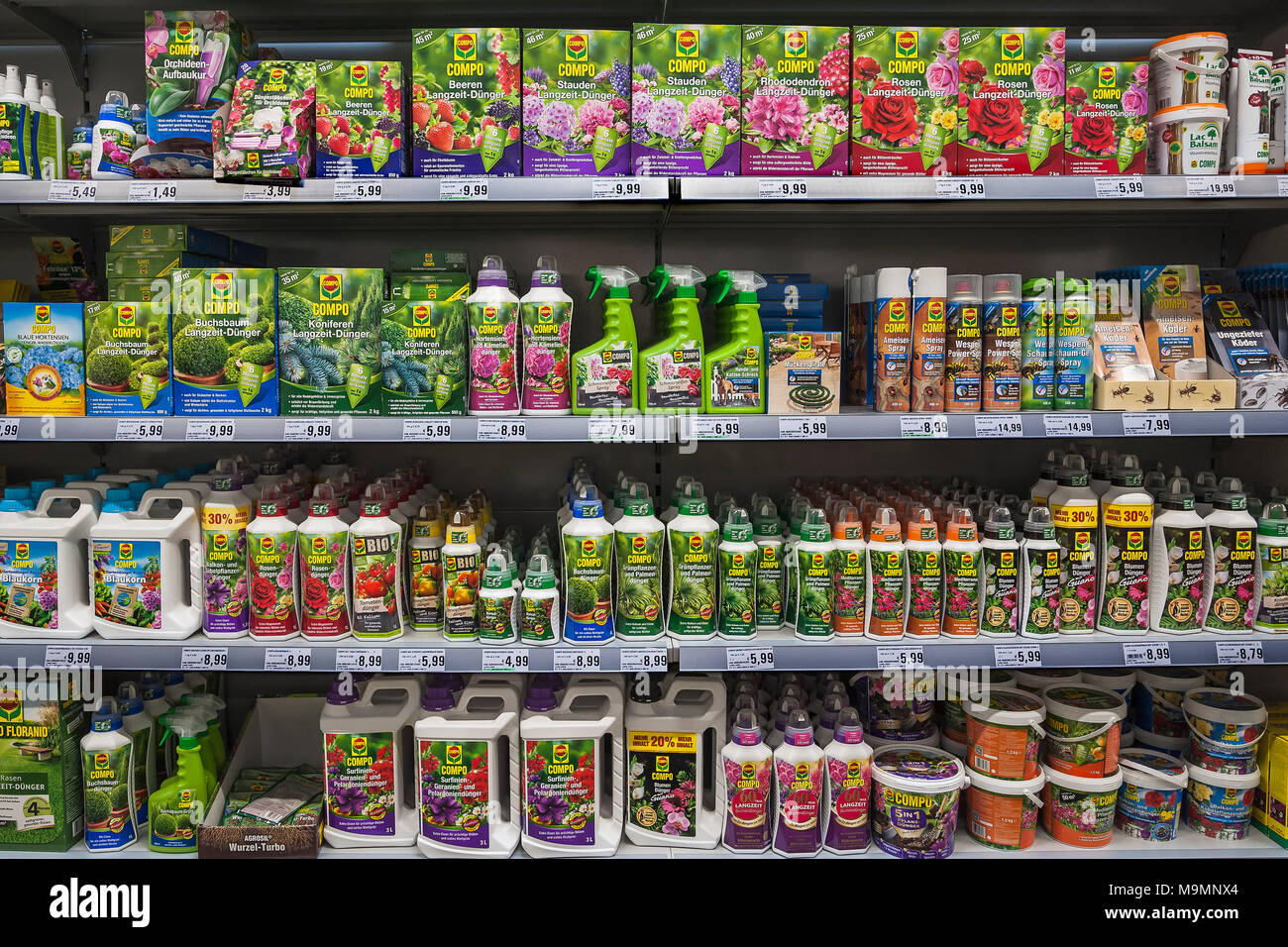 Shelf with pesticides and fertilizer, garden centre, interior, Bavaria ...