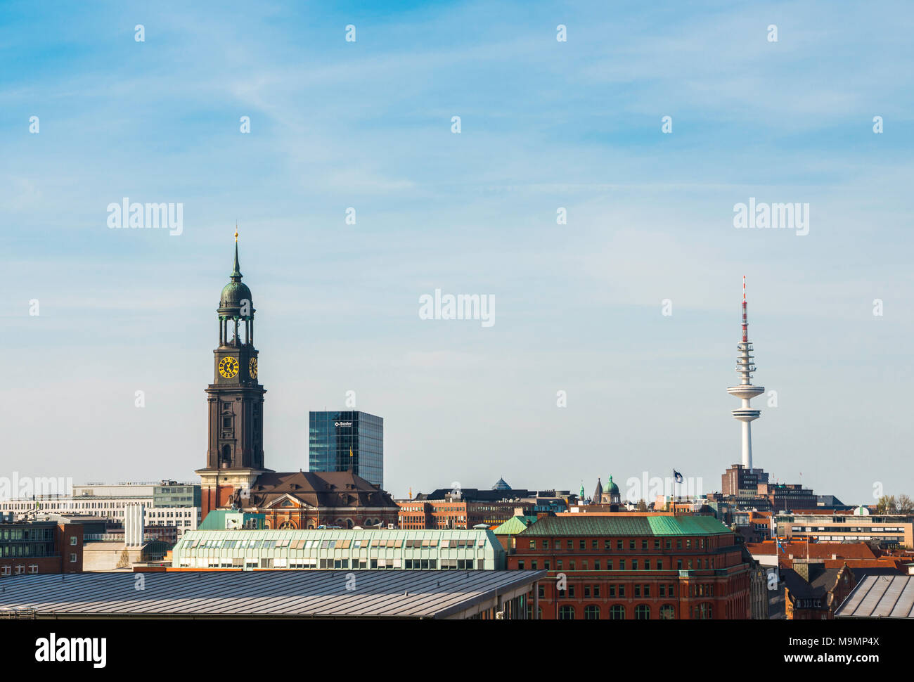 View over the roofs of Hamburg, city view, church tower St. Michaelis ...