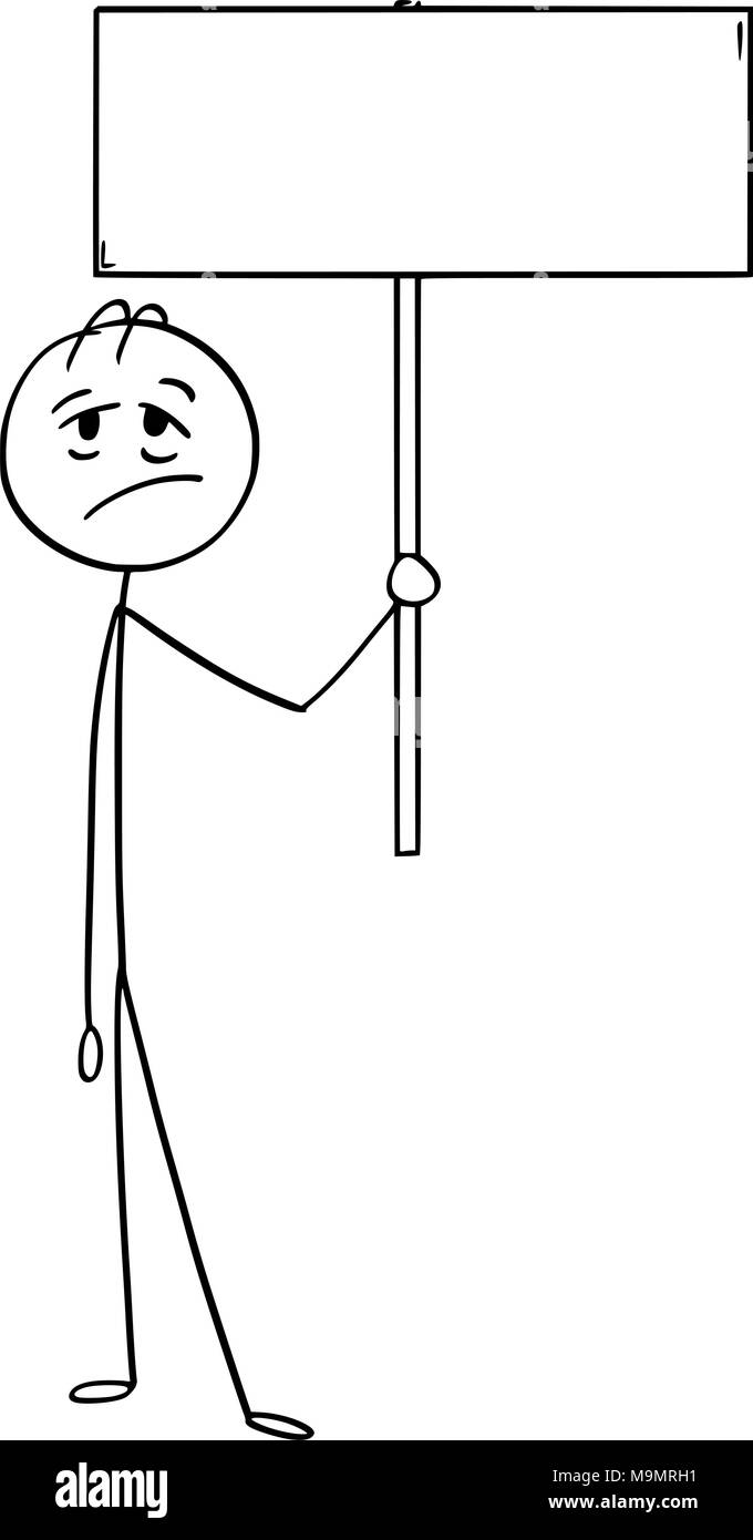 Cartoon Of Tired Man Or Businessman Holding Empty Or Blank Sign Stock
