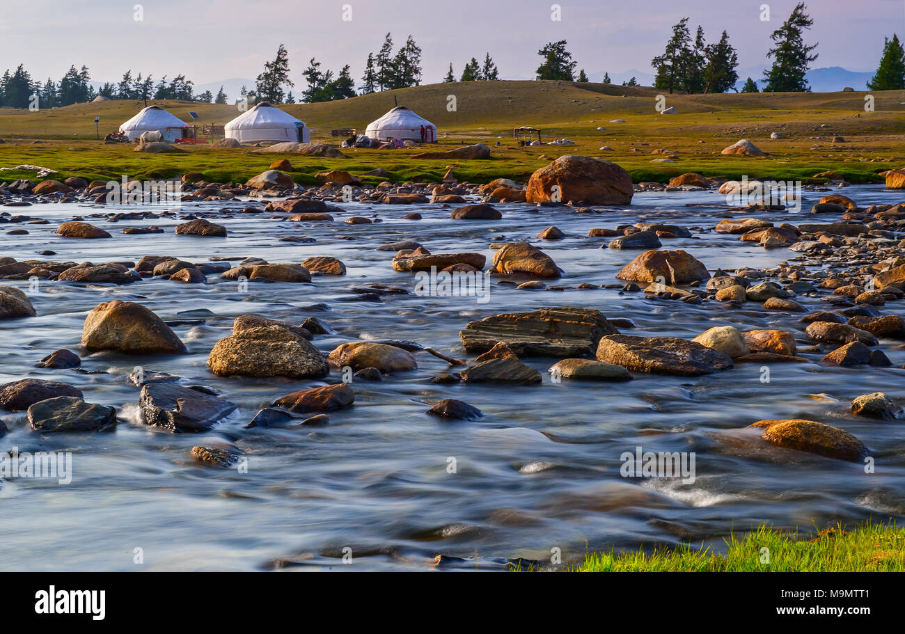 Nomads camp with yurts on the shore of Tuul river, Gorkhi-Terelj ...