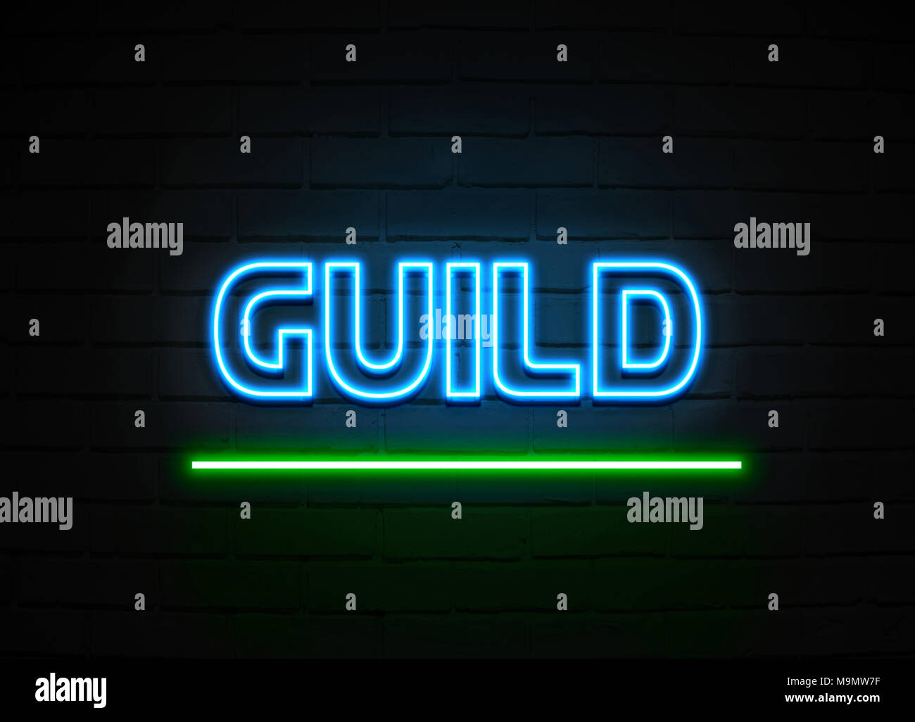 Guild neon sign - Glowing Neon Sign on brickwall wall - 3D rendered ...