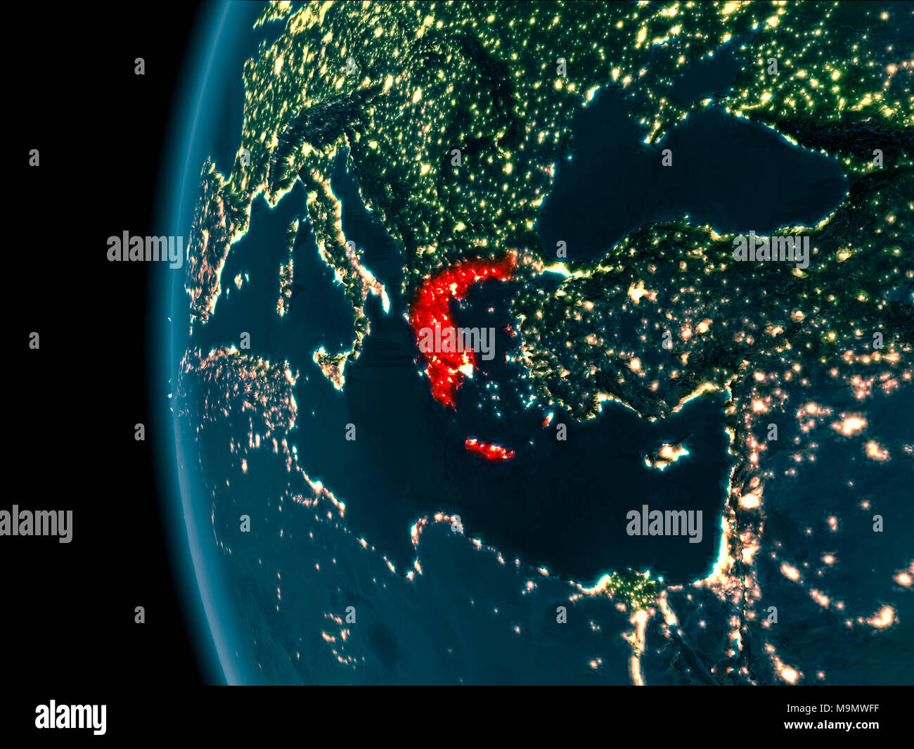 Greece from orbit of planet Earth at night with highly detailed surface ...