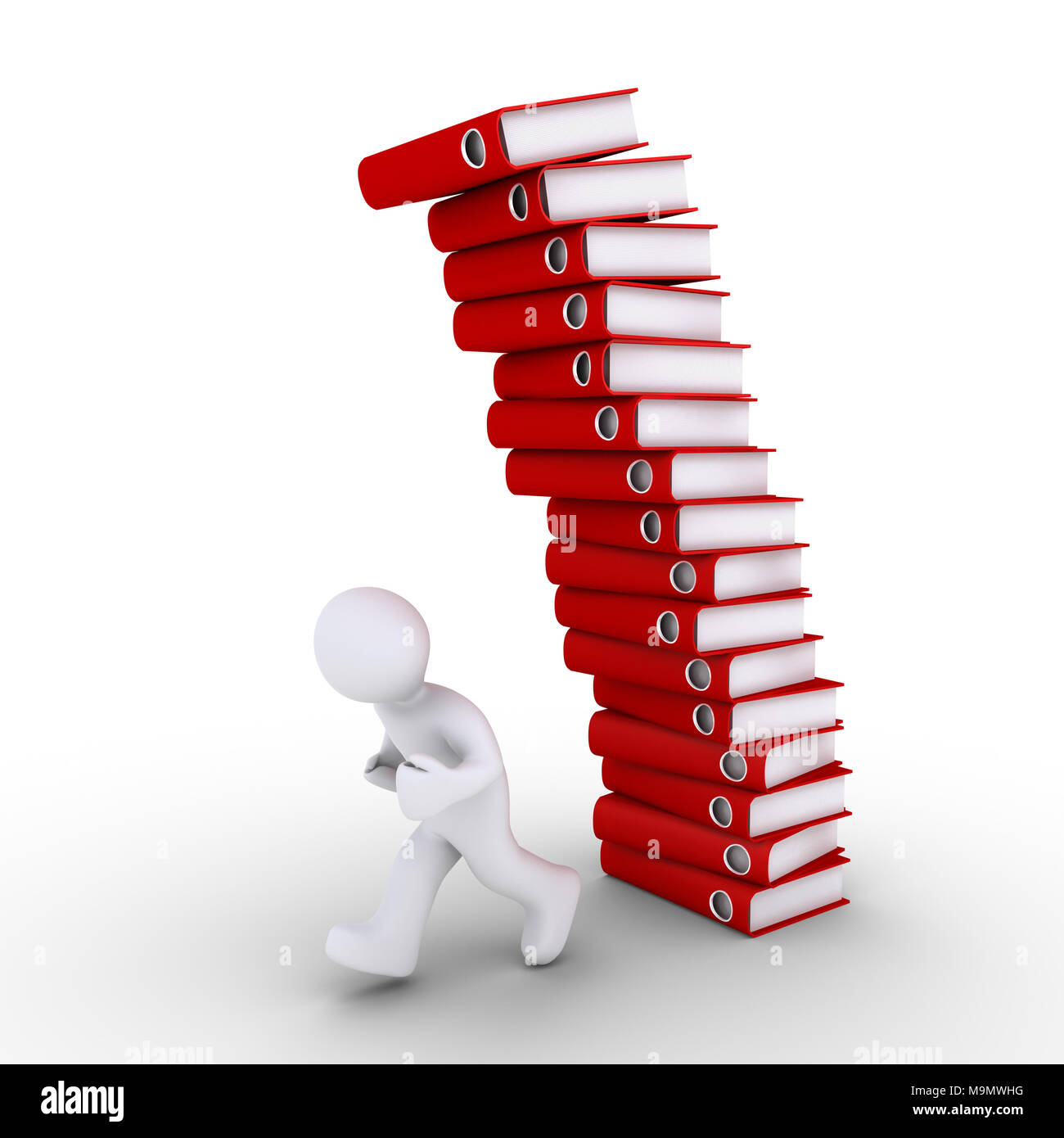 3d person is running away from falling pile of folders Stock Photo - Alamy