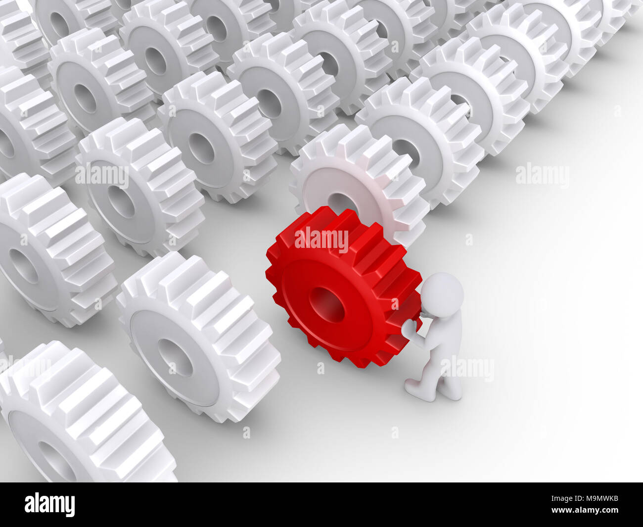 3d person is placing a red cogwheel in front of others Stock Photo - Alamy