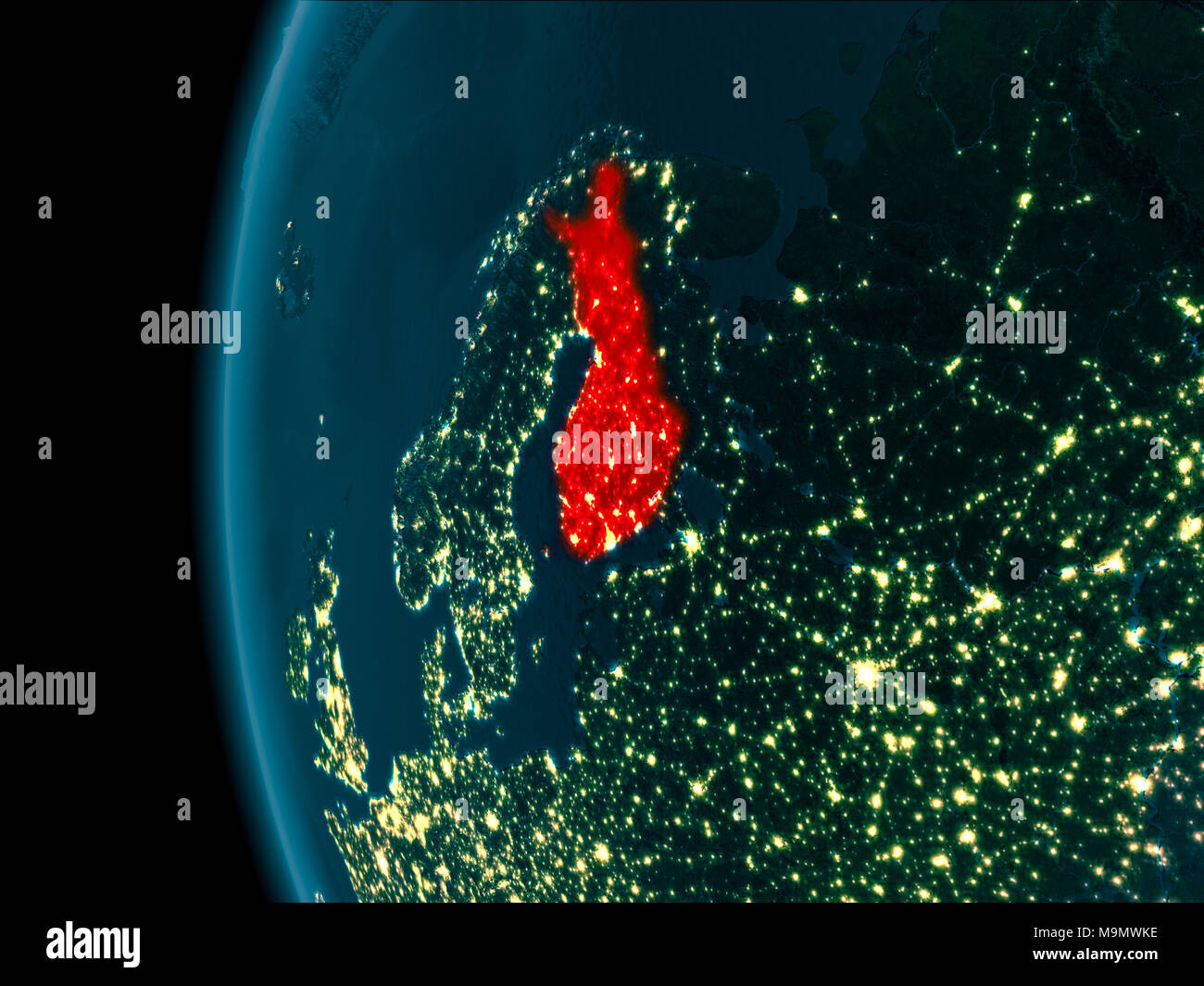 Finland from orbit of planet Earth at night with highly detailed ...