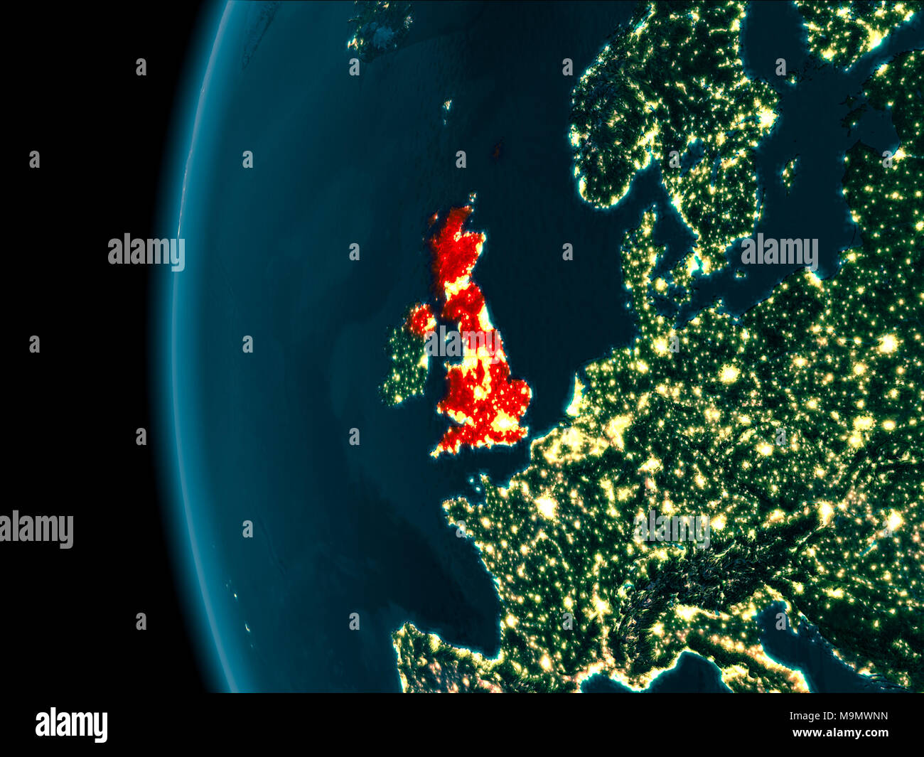 United Kingdom from orbit of planet Earth at night with highly detailed ...