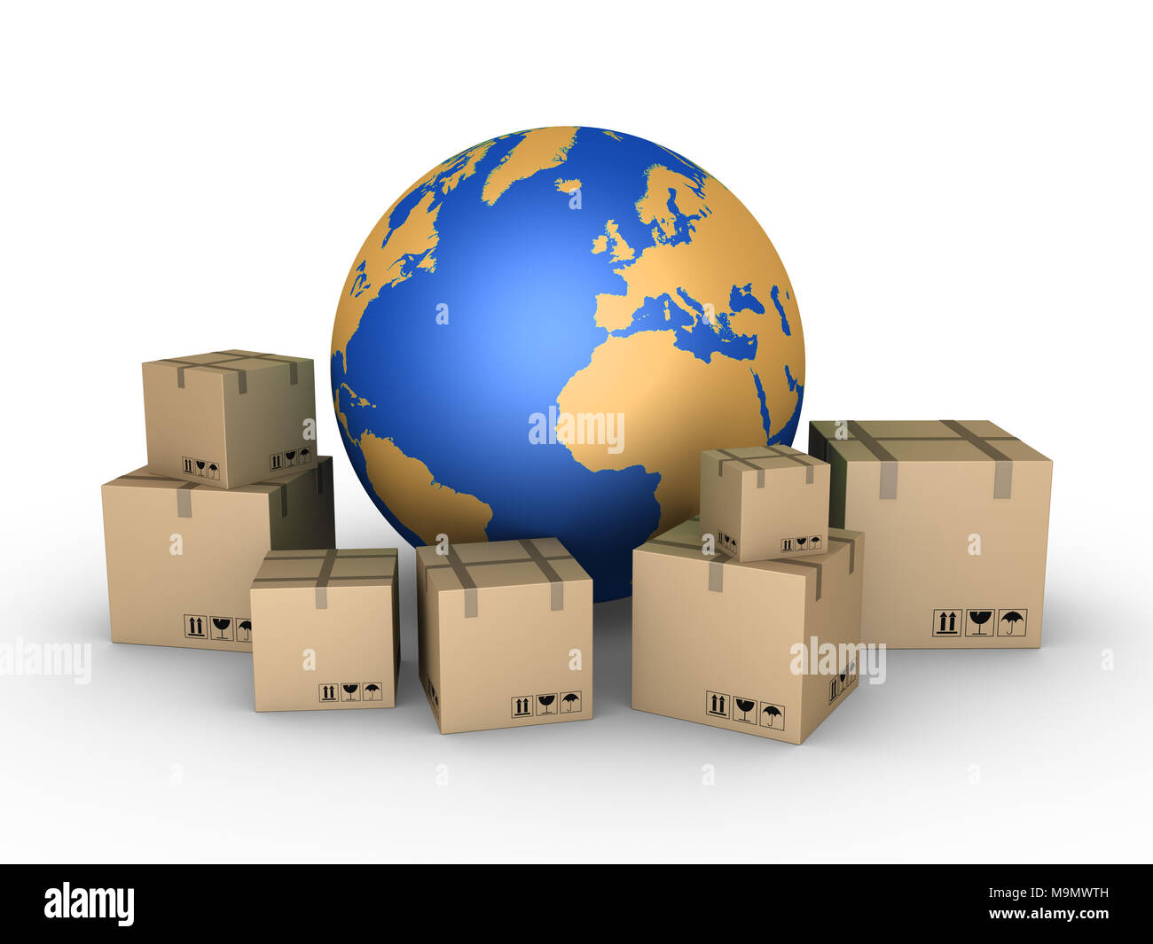 3d carton boxes and the globe near them Stock Photo - Alamy