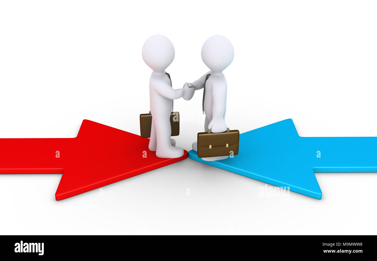 Two 3d businessmen on opposite direction arrows shake hands Stock Photo ...