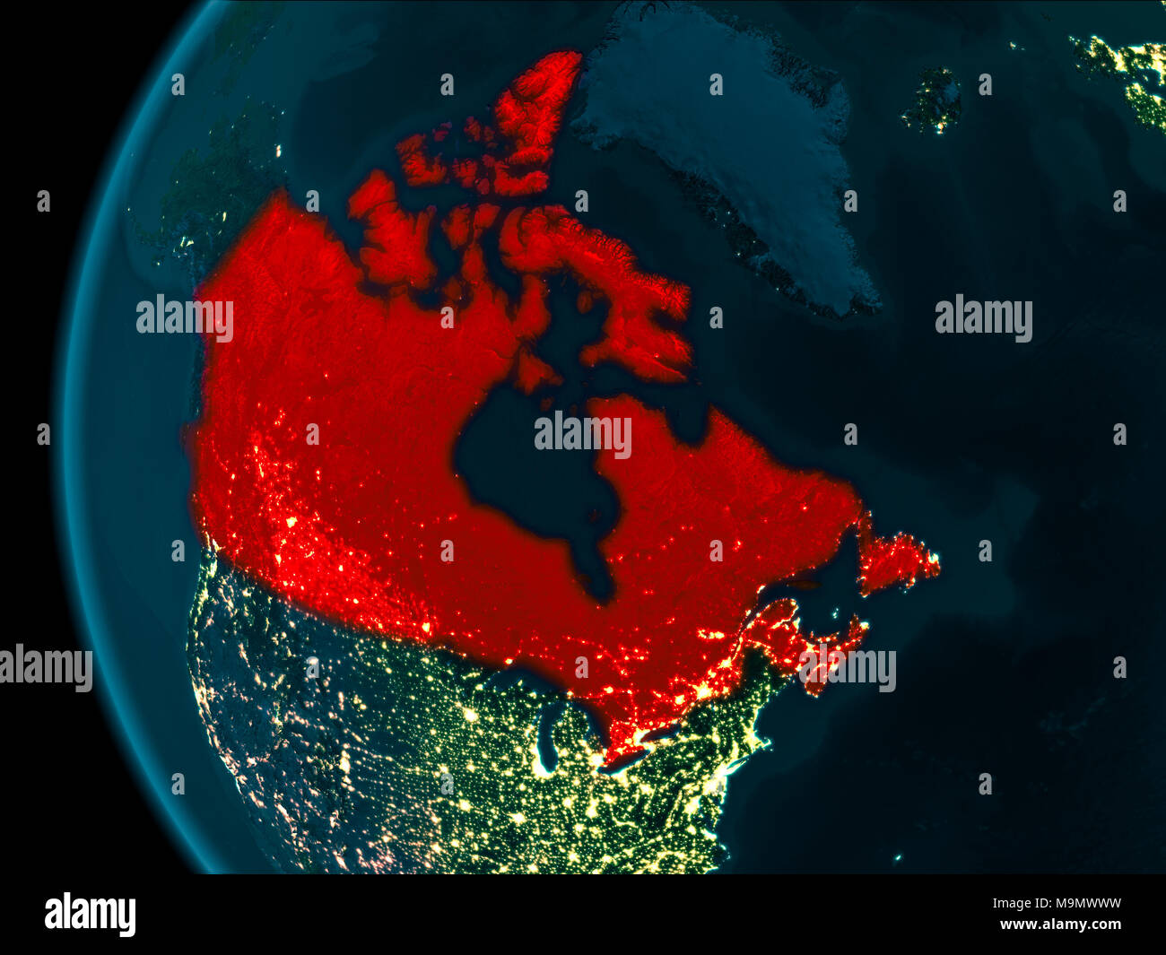 Canada from orbit of planet Earth at night with highly detailed surface ...