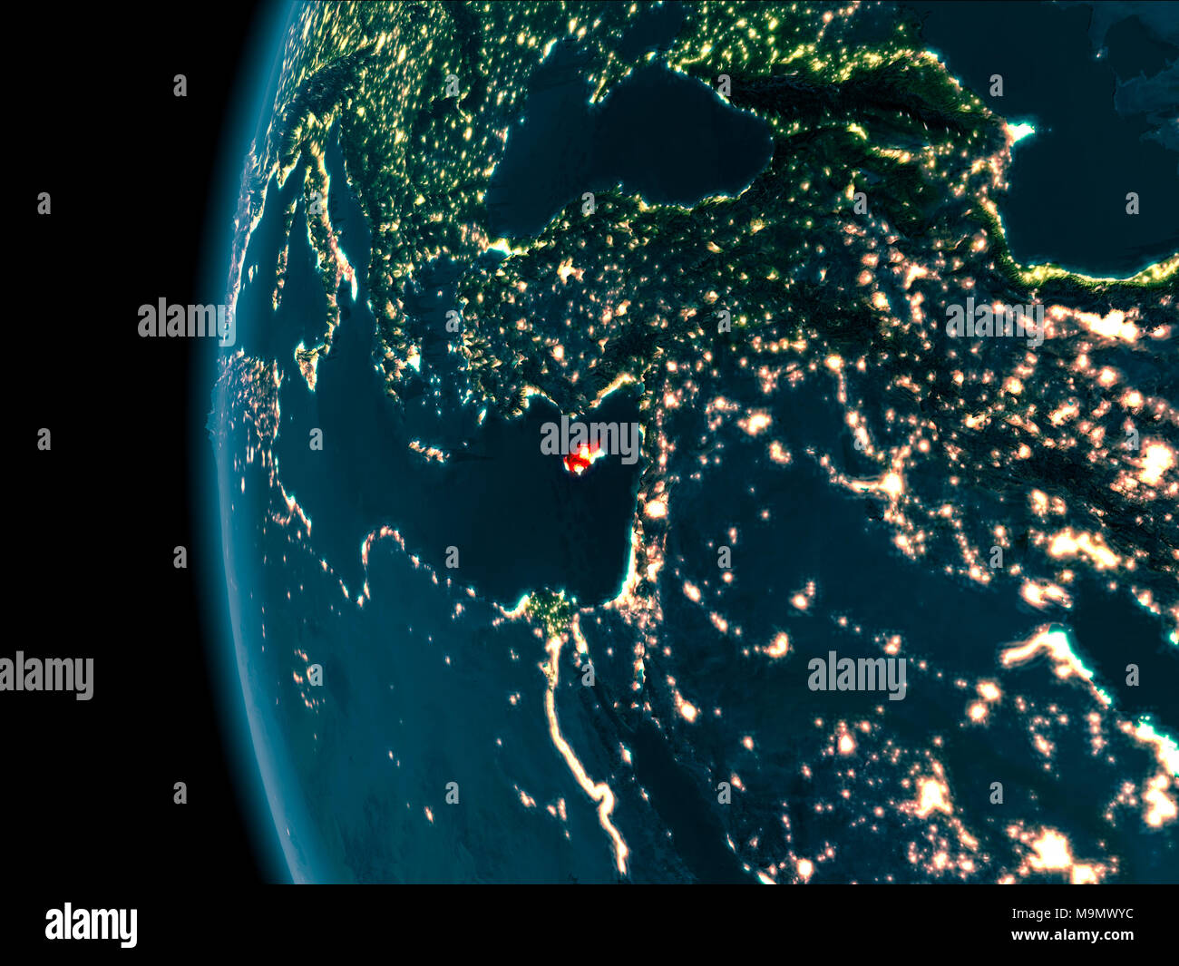 Cyprus from orbit of planet Earth at night with highly detailed surface ...