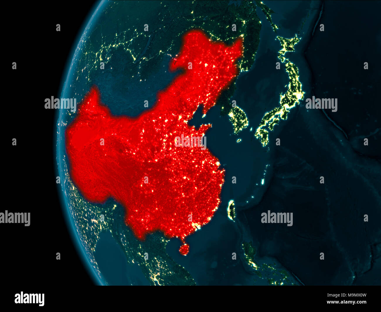 China from orbit of planet Earth at night with highly detailed surface ...
