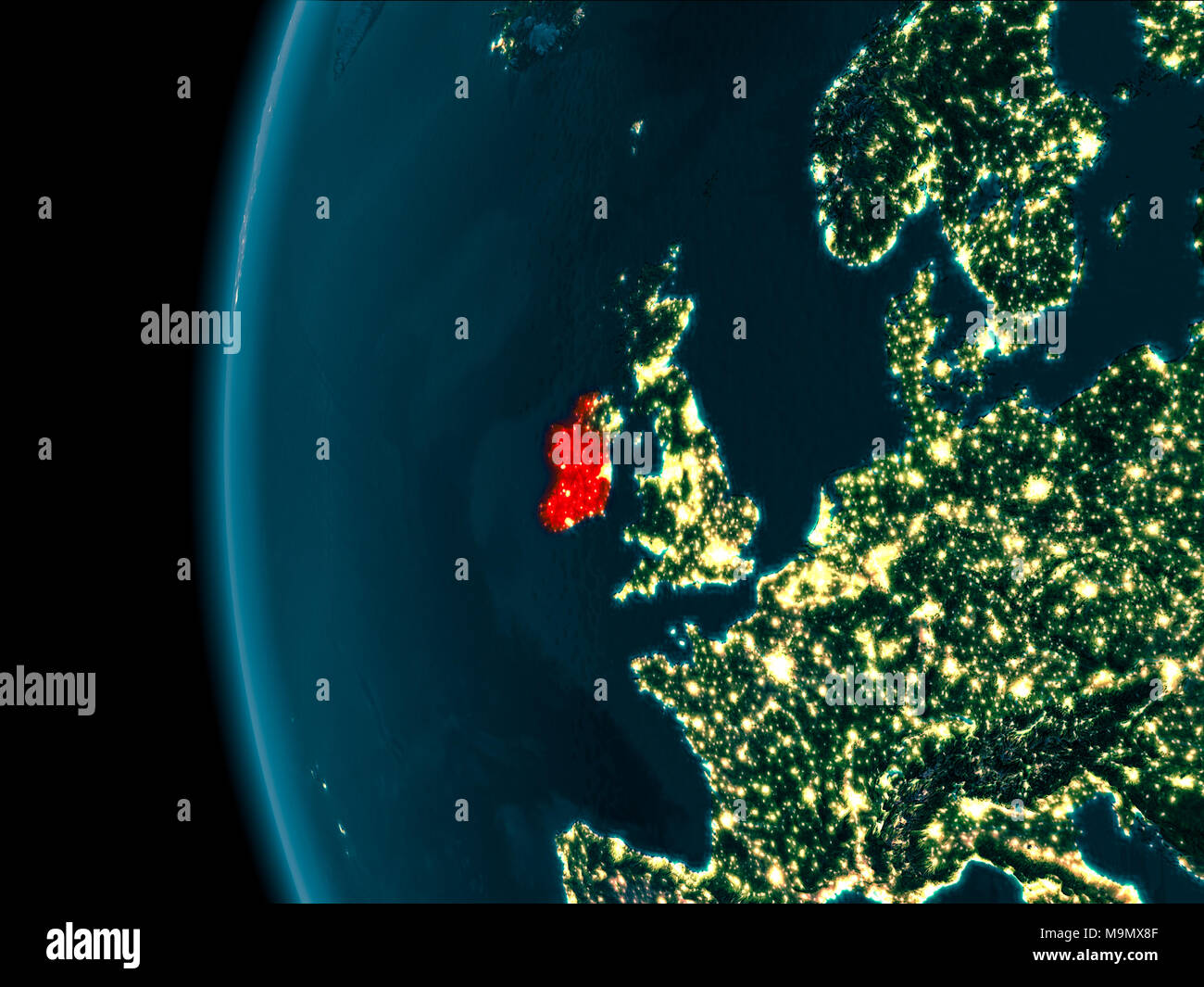 Ireland from orbit of planet Earth at night with highly detailed ...