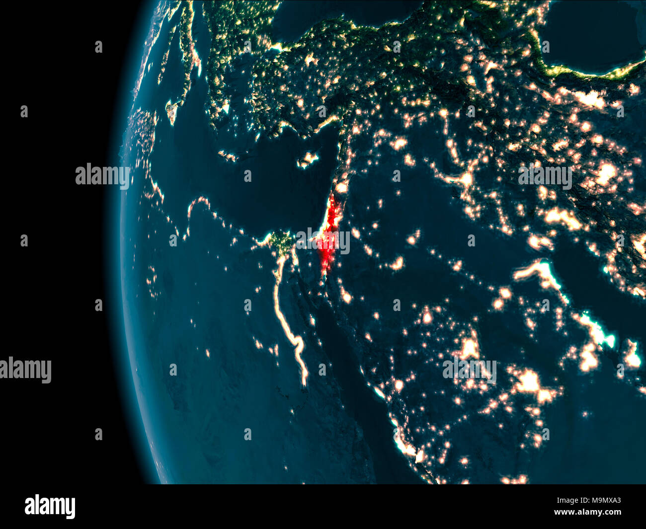 Israel from orbit of planet Earth at night with highly detailed surface ...