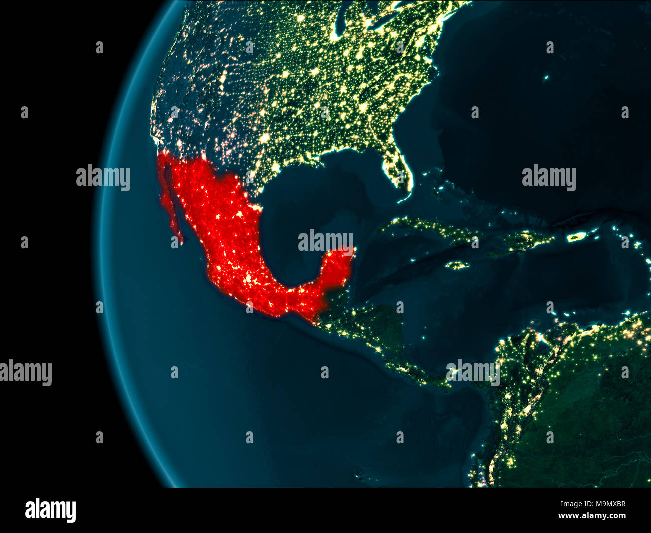 Mexico from orbit of planet Earth at night with highly detailed surface ...