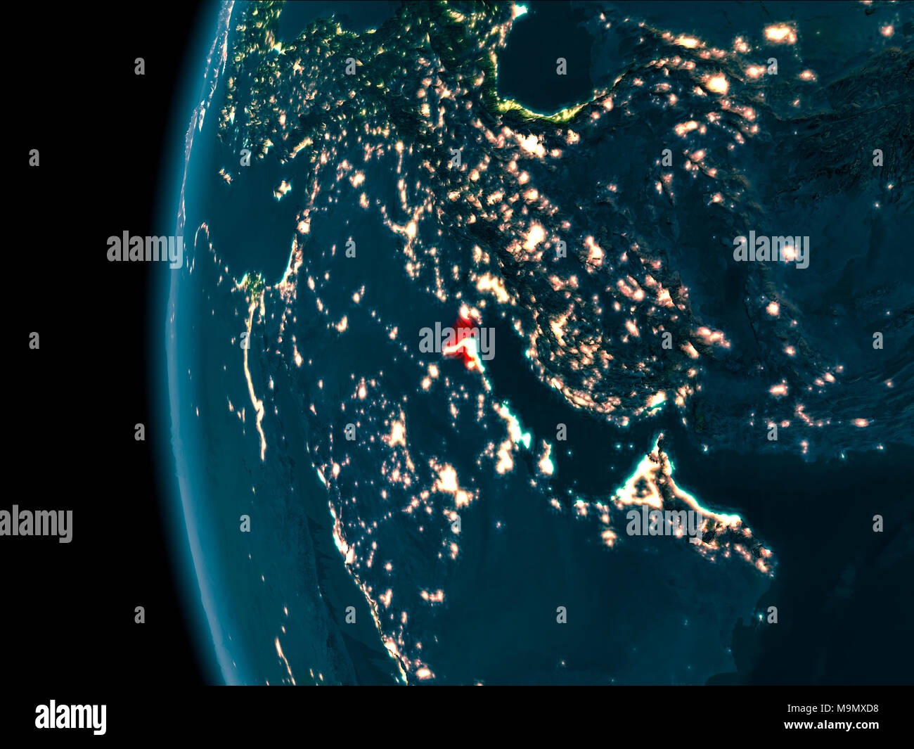 Kuwait from orbit of planet Earth at night with highly detailed surface ...