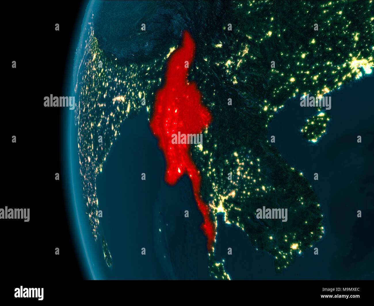 Myanmar from orbit of planet Earth at night with highly detailed ...