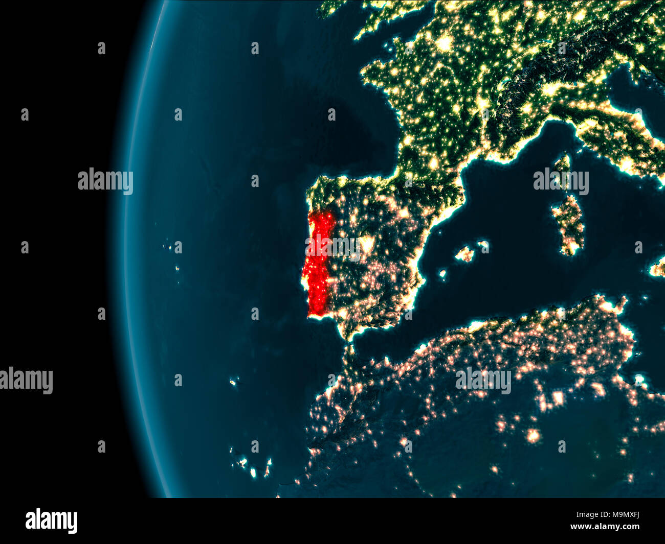 Portugal from orbit of planet Earth at night with highly detailed ...