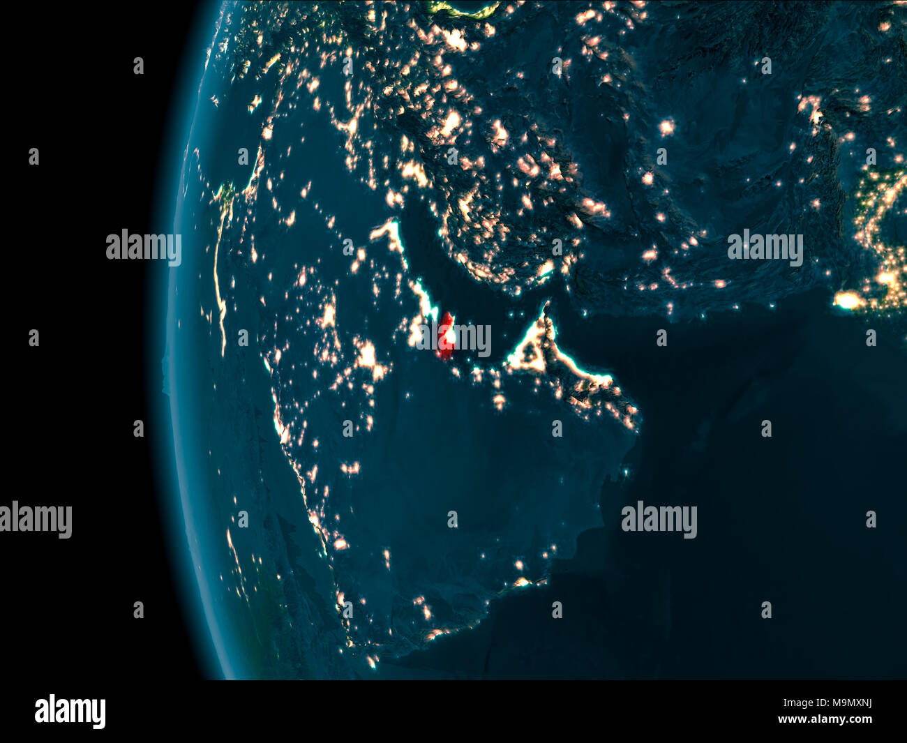 Qatar from orbit of planet Earth at night with highly detailed surface ...
