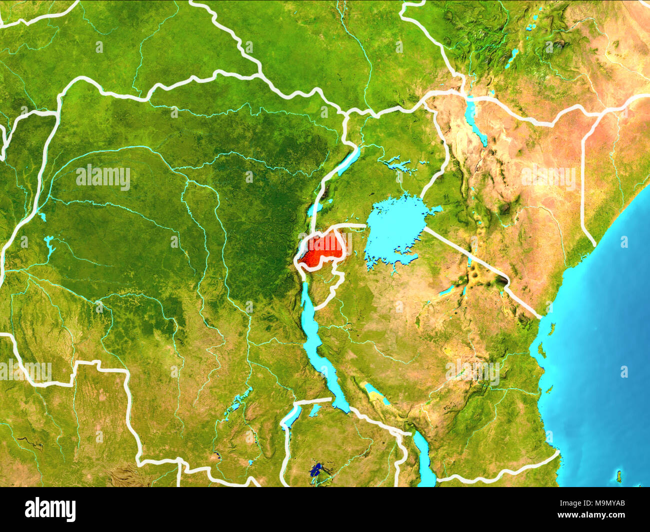 Rwanda highlighted in red from Earth’s orbit. 3D illustration. Elements ...