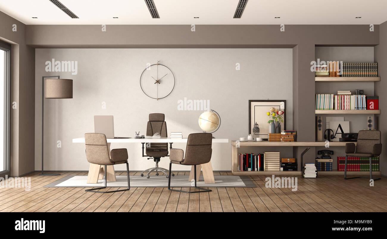 White and brown modern office with desk,chairs and bookcase - 3d ...