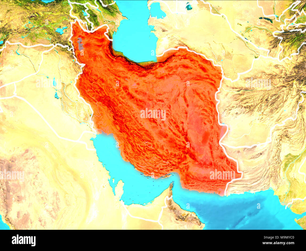 Iran highlighted in red from Earth’s orbit. 3D illustration. Elements ...