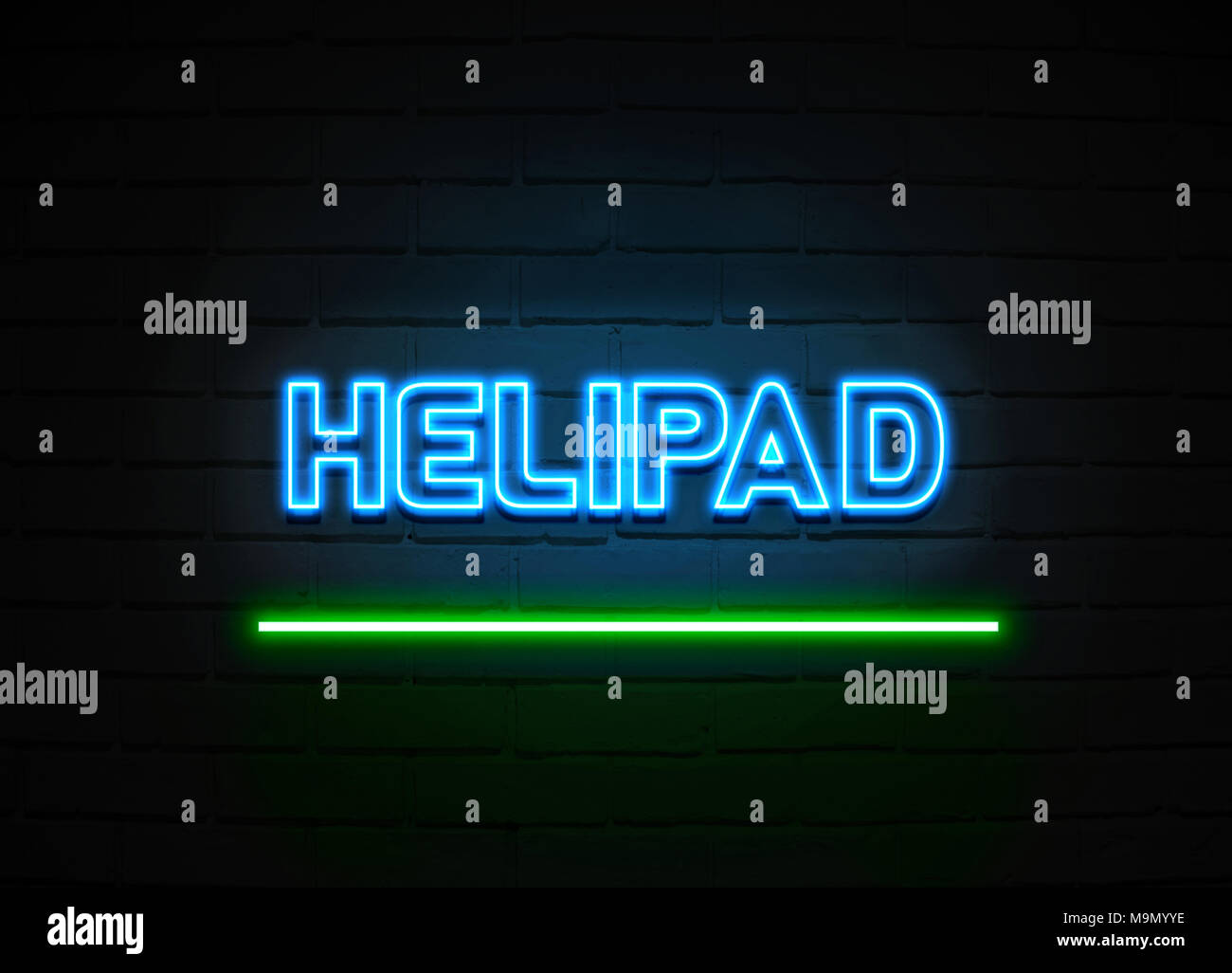 Helipad neon sign - Glowing Neon Sign on brickwall wall - 3D rendered ...