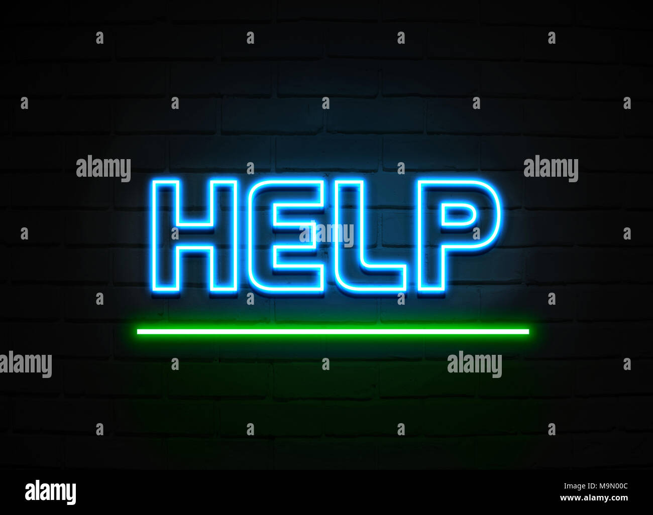 Help neon sign - Glowing Neon Sign on brickwall wall - 3D rendered ...