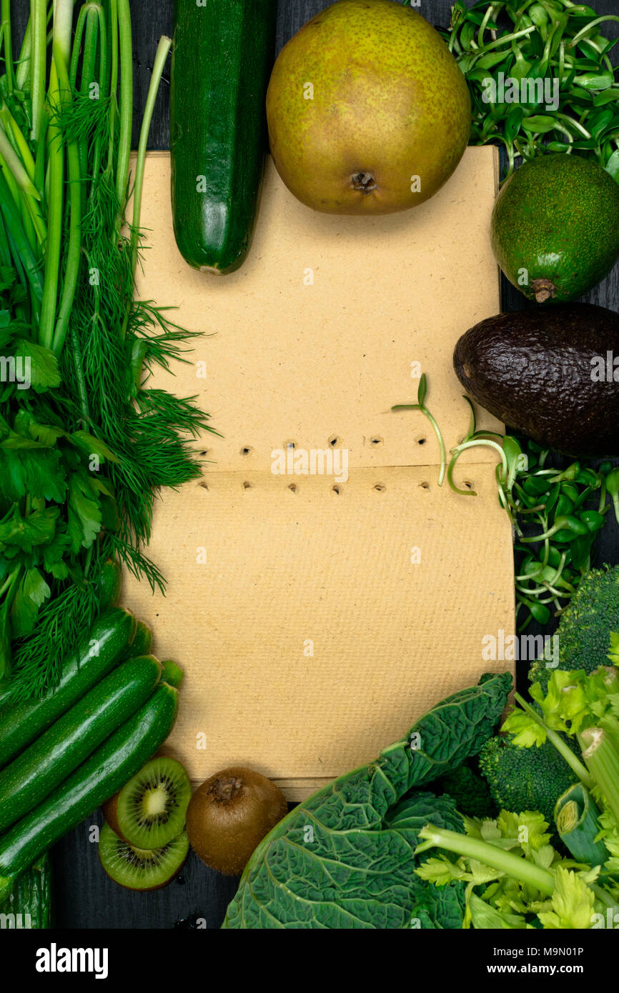fresh bio green vegetables and fruits with old notebook Stock Photo - Alamy