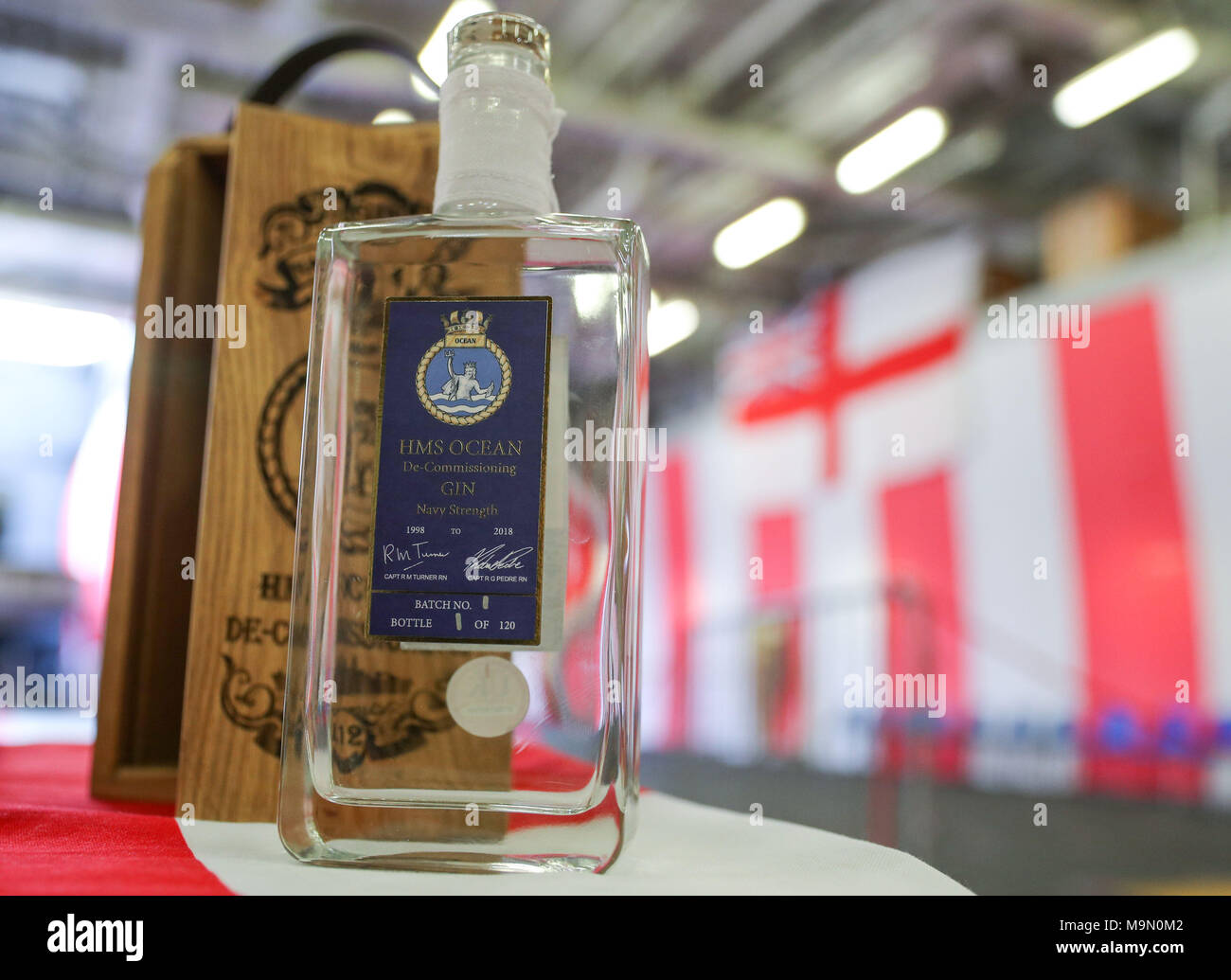 A bottle of HMS Ocean gin which is to be presented to the Queen after ...