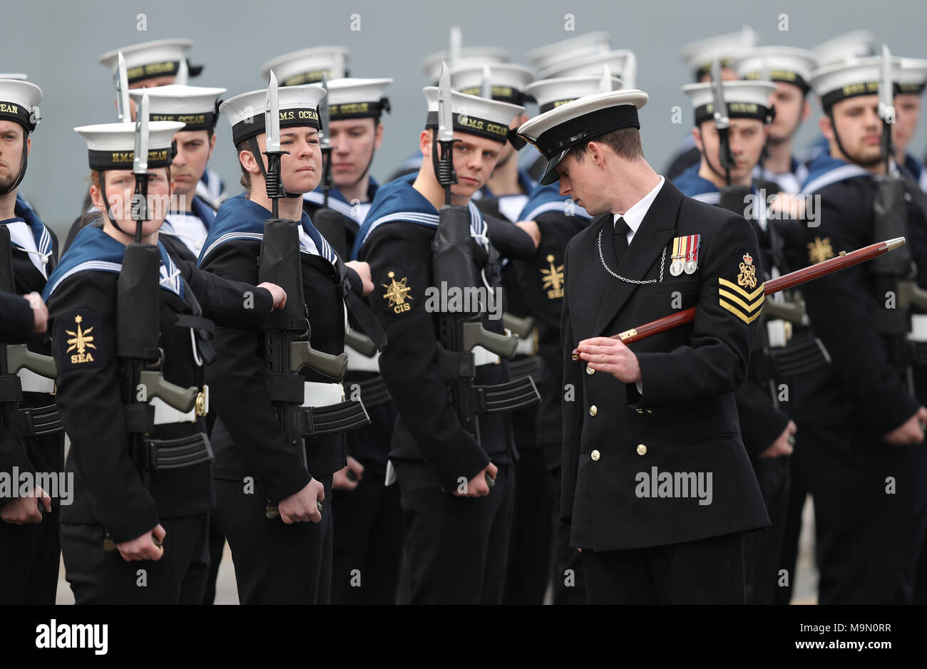 The ship's company from HMS Ocean form a guard of honour during the ...
