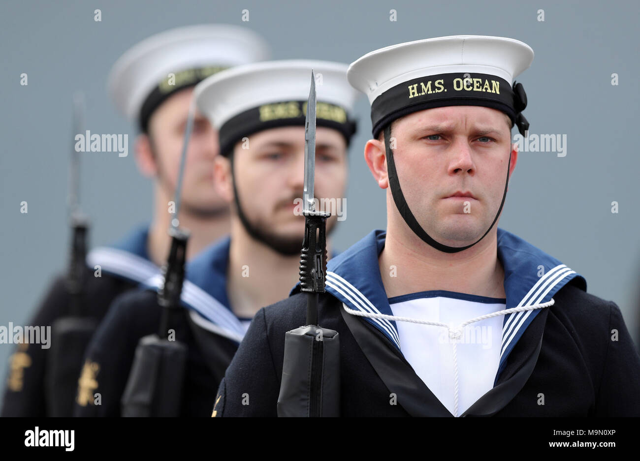 The ship's company from HMS Ocean form a guard of honour during the ...