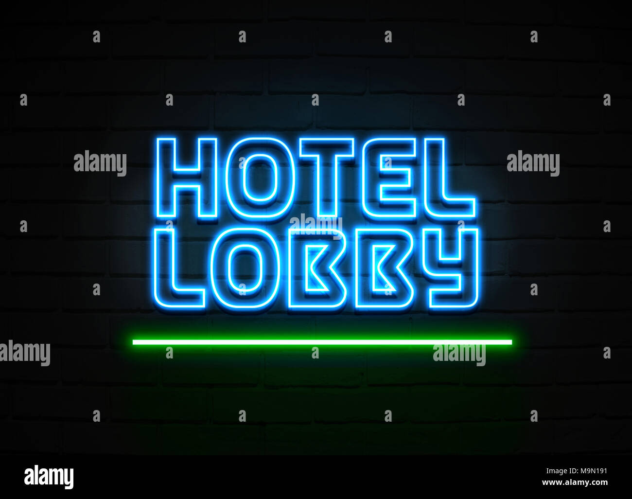 Hotel Lobby neon sign - Glowing Neon Sign on brickwall wall - 3D ...