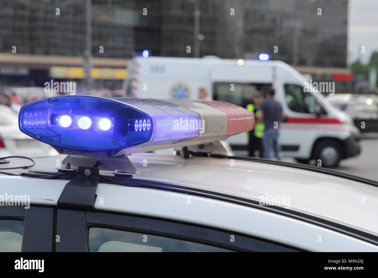 Blue lights of the police. The ambulance. Health care. Registration of ...