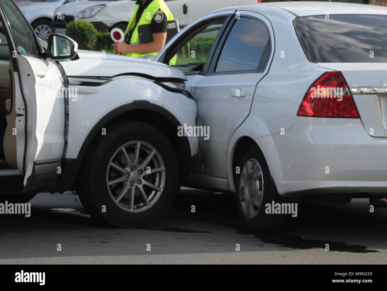 Registration of a traffic accident. Collision of two cars. Place of ...