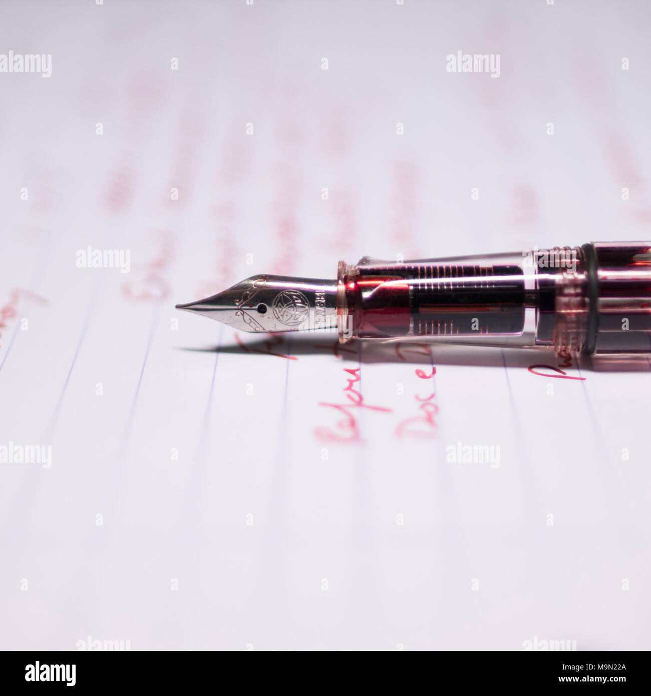 A clear plastic body demonstrator fountain pen with red ink on a page ...