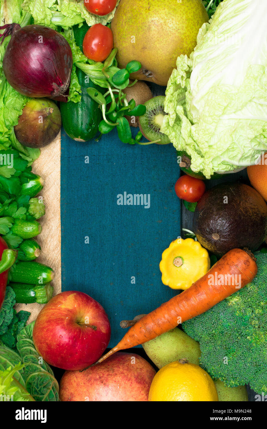 health fresh coloresd vegetables and fruit with cooking note. Vegan ...