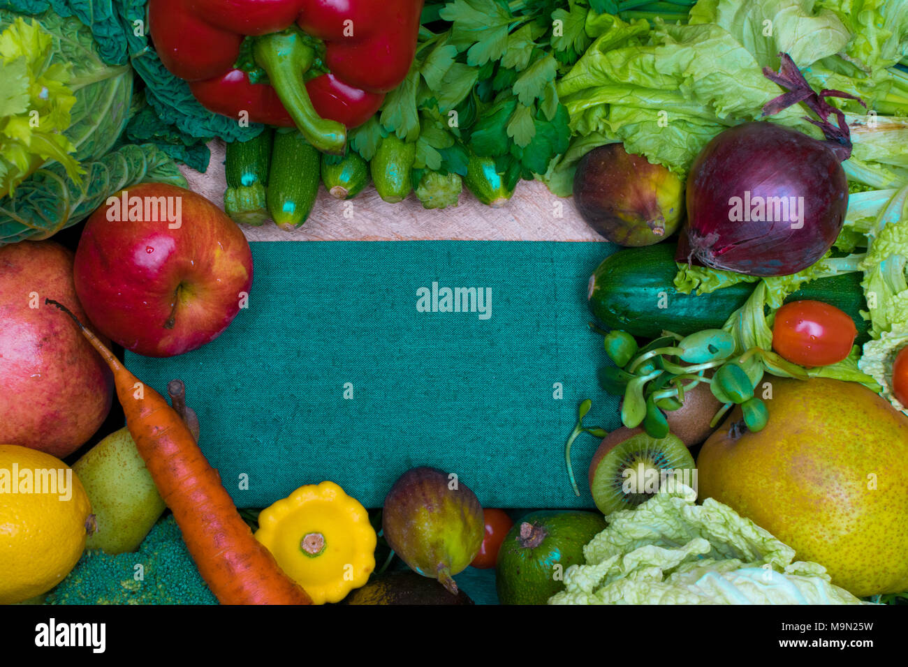 health fresh coloresd vegetables and fruit with cooking note. Vegan ...