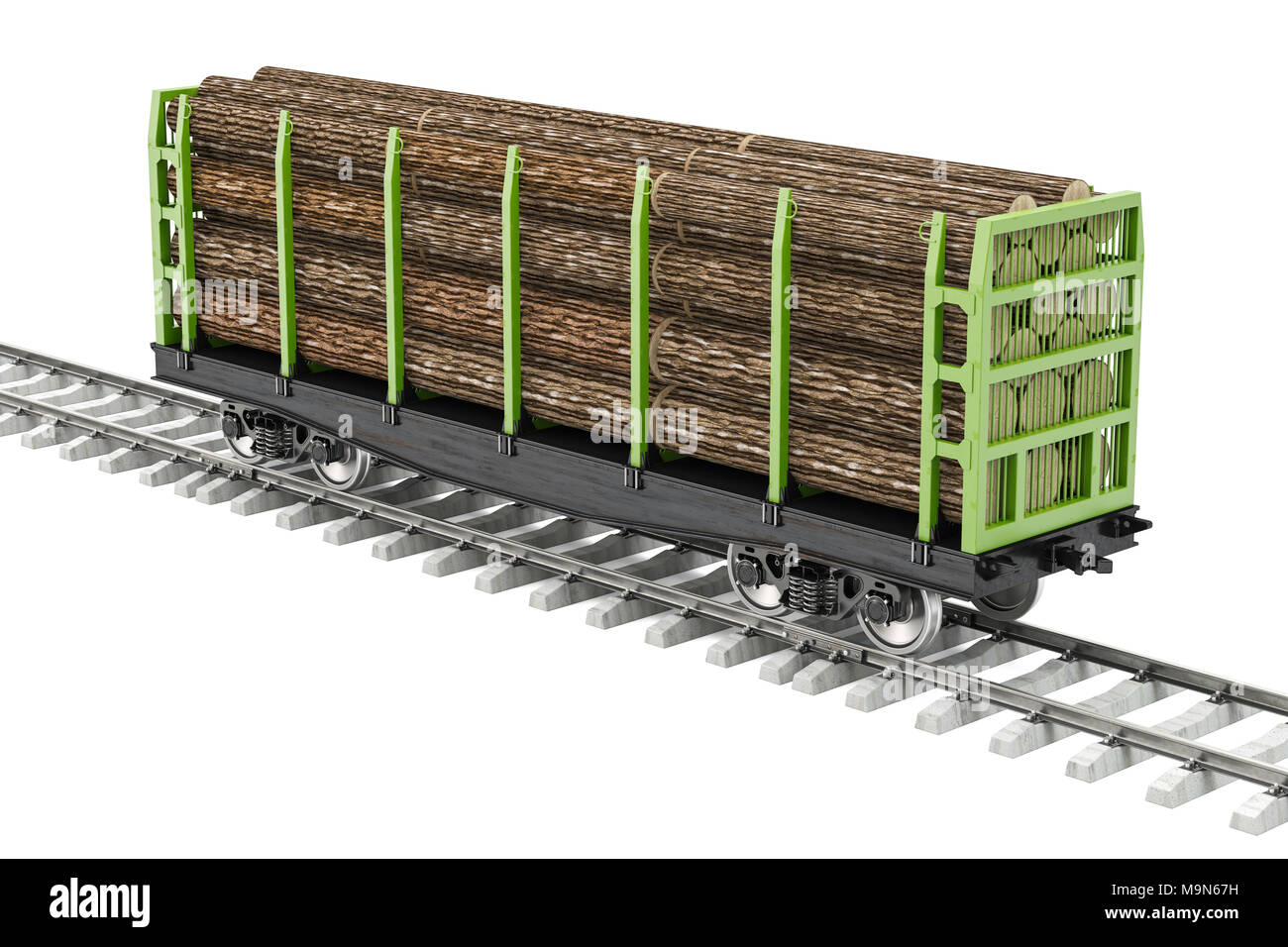 Freight wagon on the railway with wooden logs, 3D rendering isolated on ...