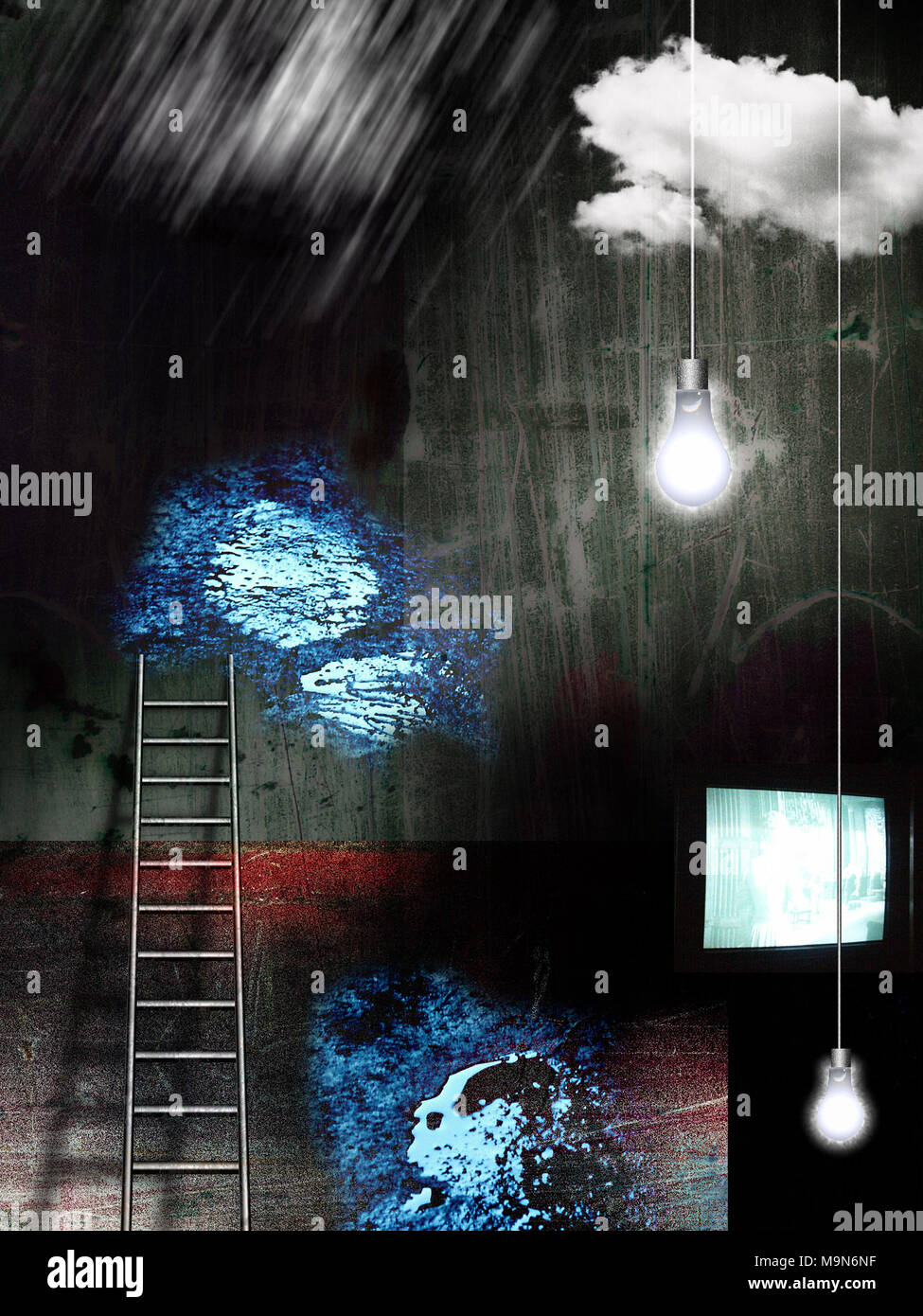 Dark room. TV-set, light bulbs and ladder Stock Photo - Alamy