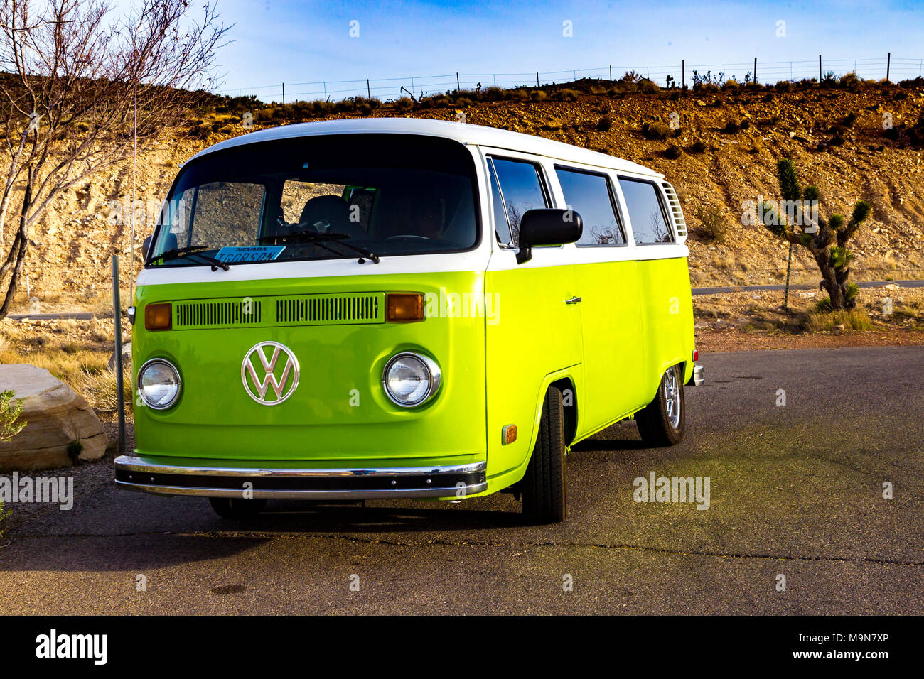 Green Volkswagen Camper Van parked at Red Rock Canyon in the Mojave ...