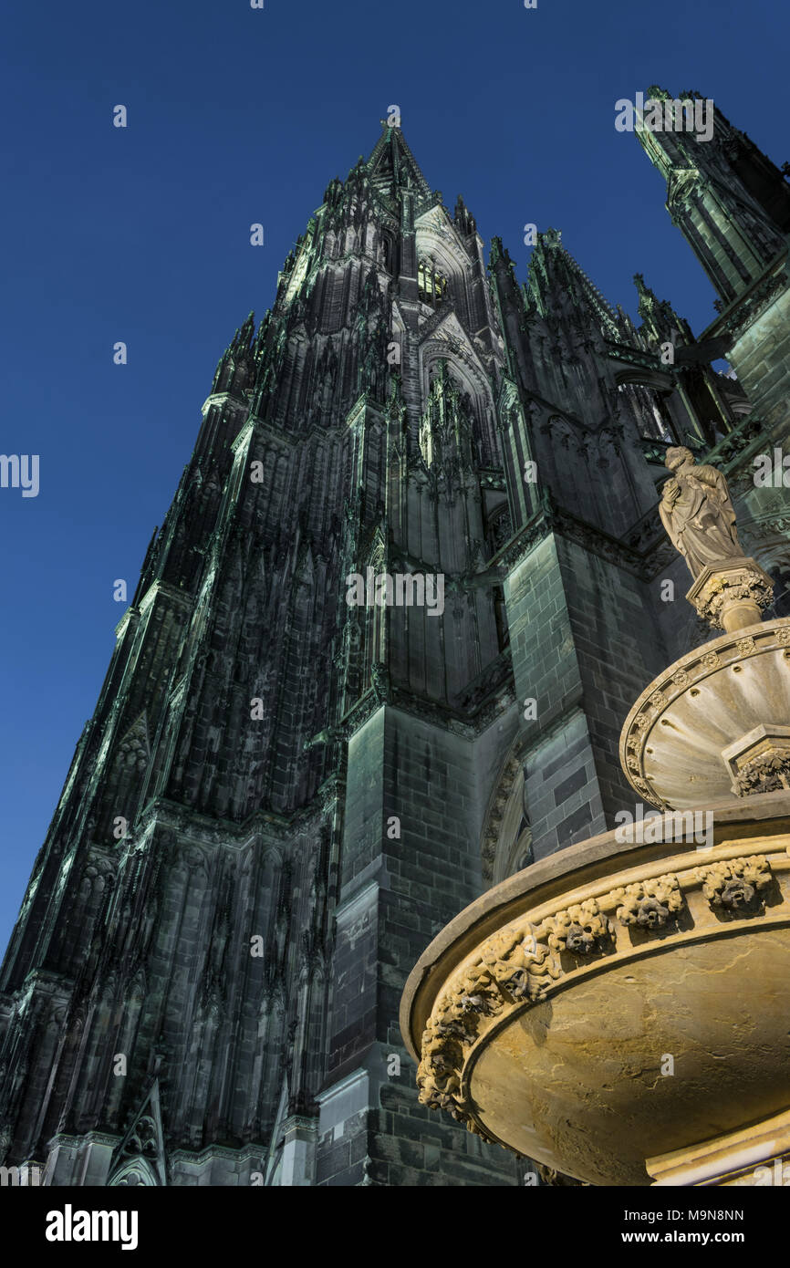 Illuminated Dome Cologne in Germany from frog perspective at night time ...
