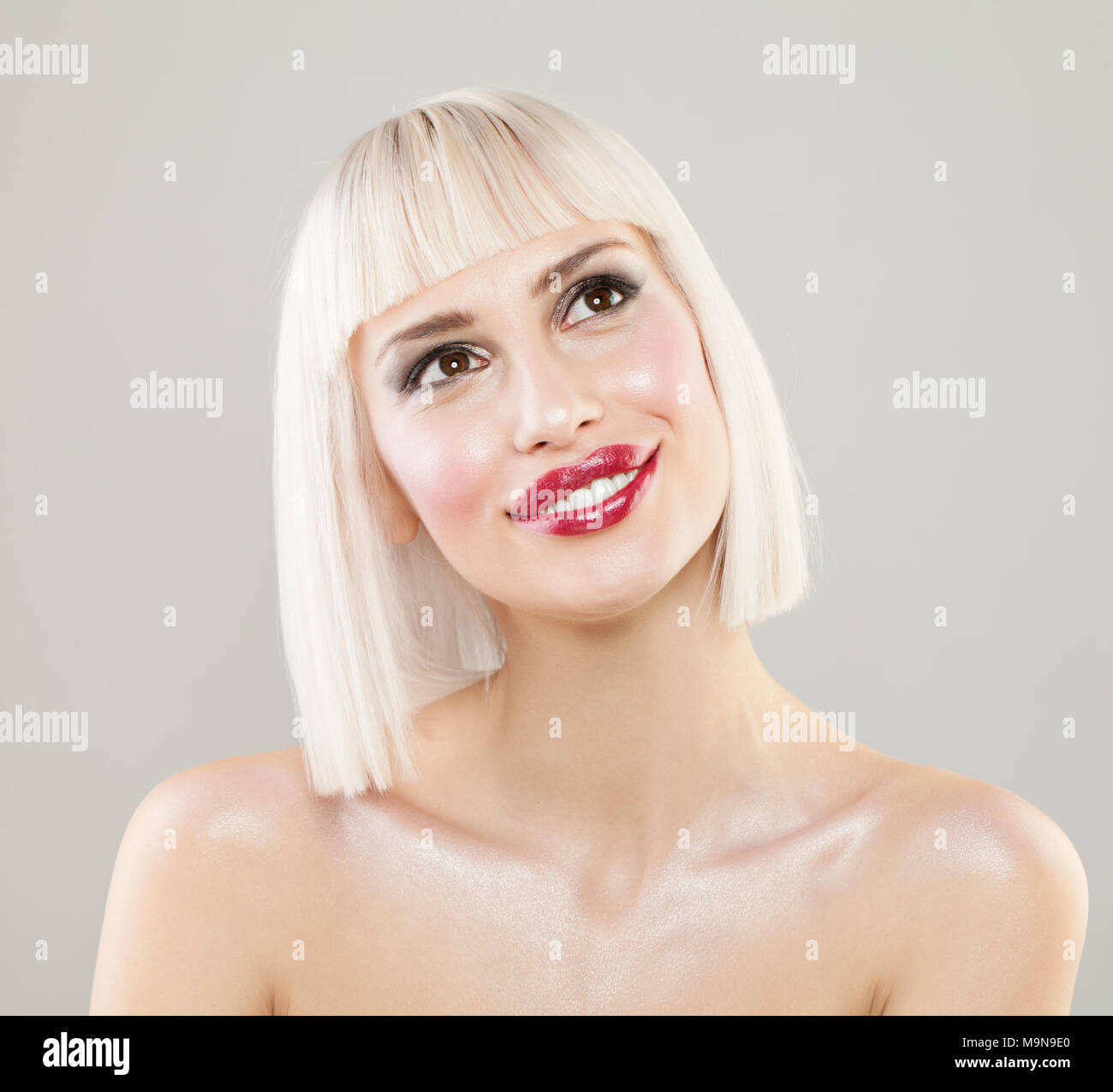 Cheerful Woman with Healthy Skin and Blonde Bob Haircut. Cute Female ...
