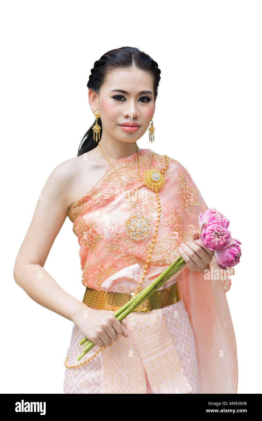 Thai women in a beautiful traditional thai clothing on white background ...