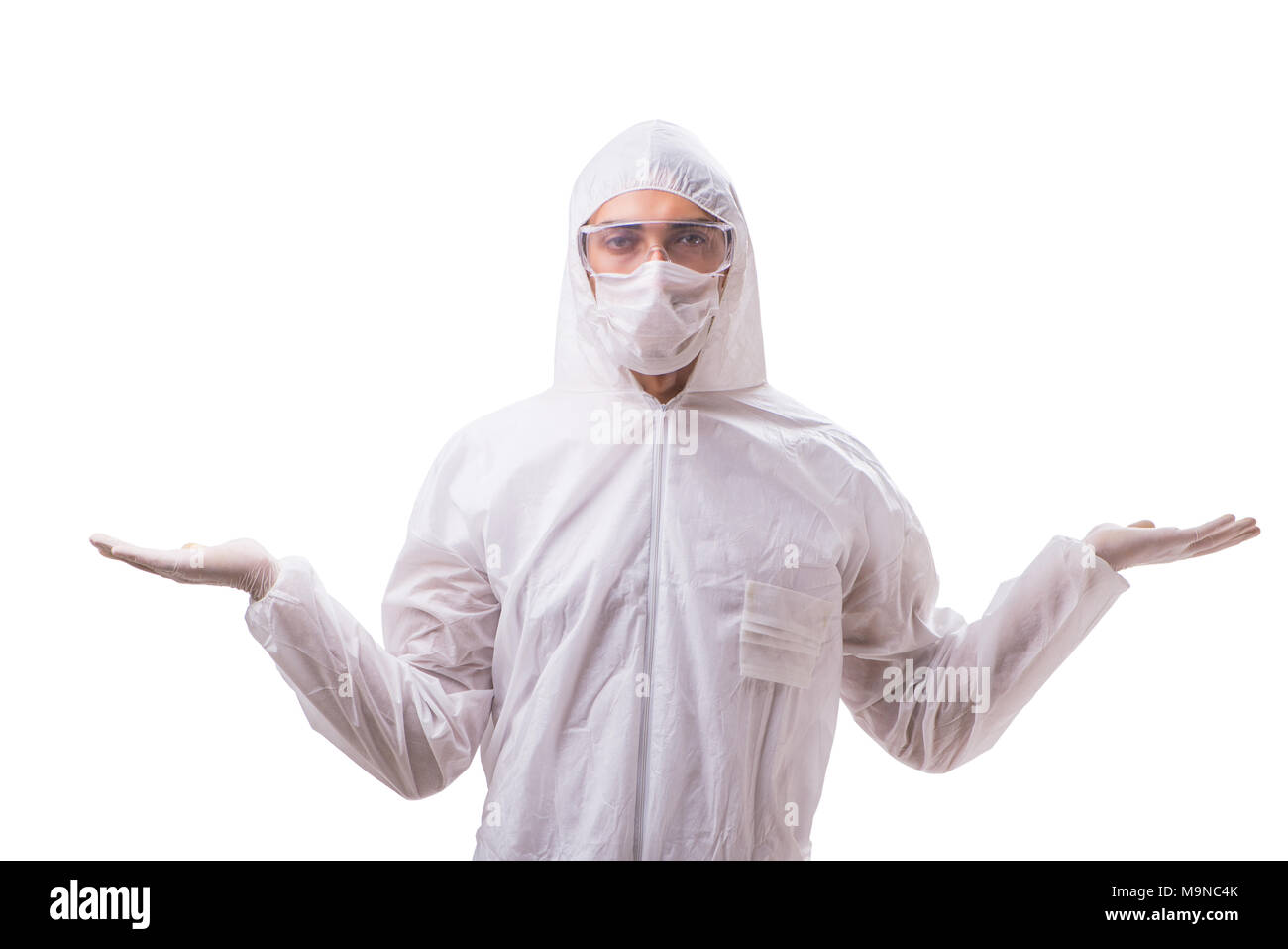 Man in protective suit isolated on white background Stock Photo - Alamy