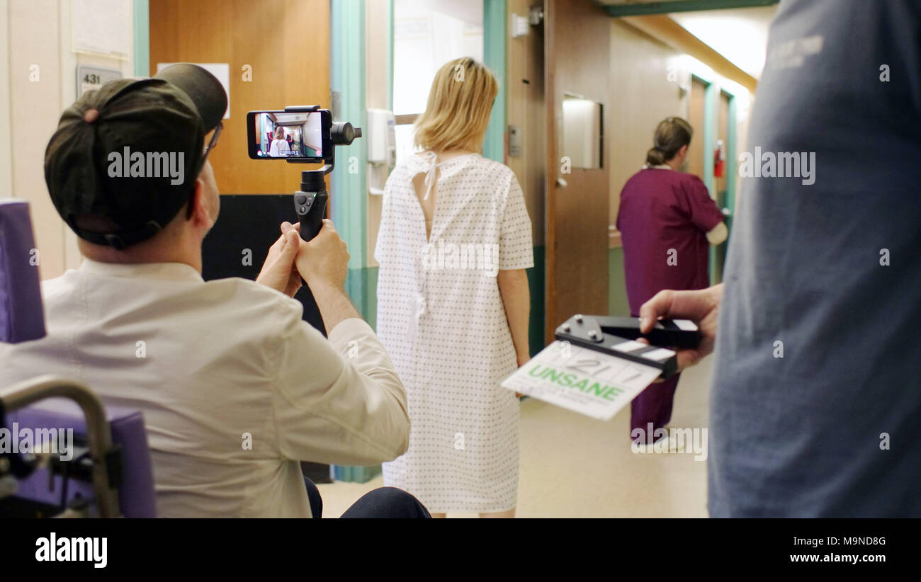 UNSANE, from left: director Steven Soderbergh, Claire Foy, Polly McKie, on set, 2018. © Bleecker ...