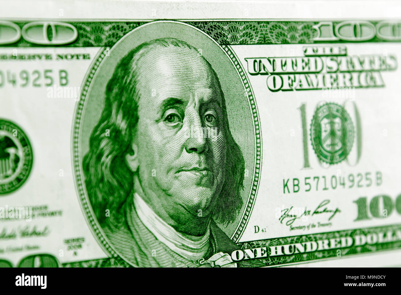 Benjamin Franklin on one hundred dollar banknote closeup Stock Photo ...