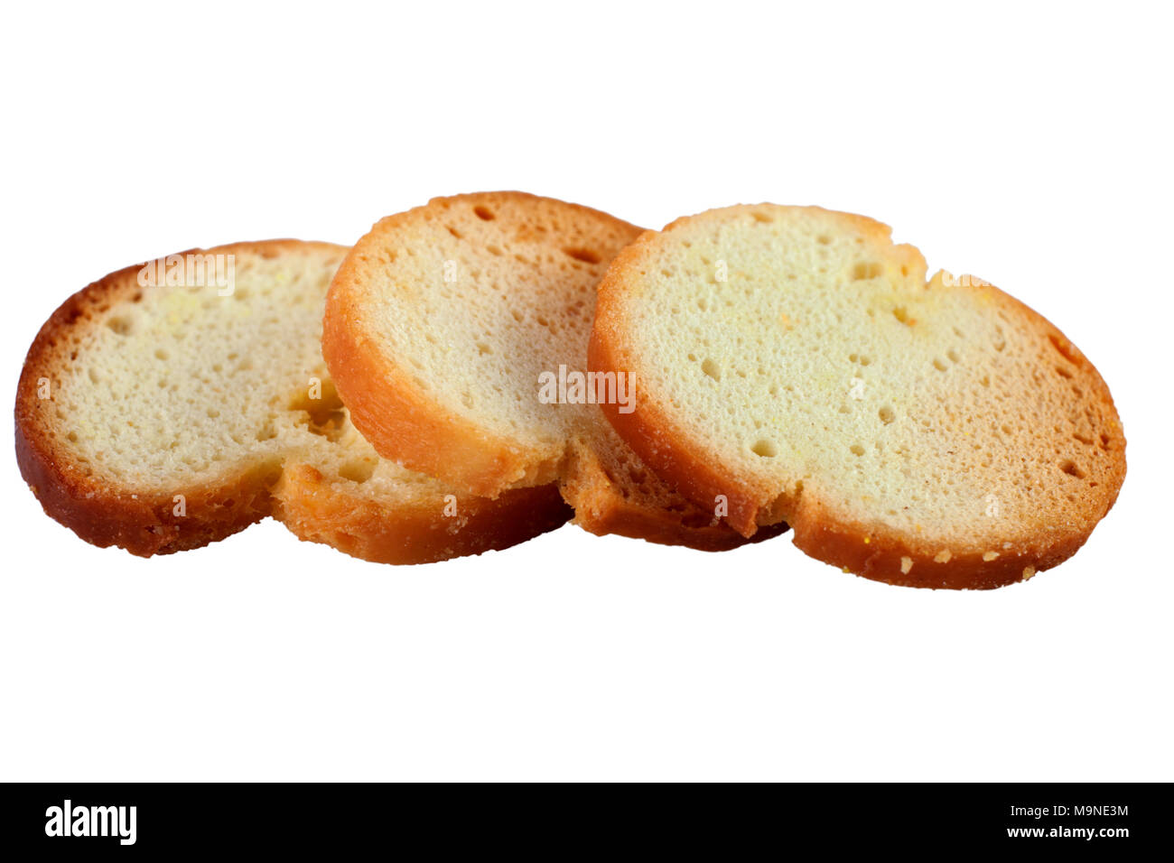 three crispy crackers isolated on white background, closeup, top view ...