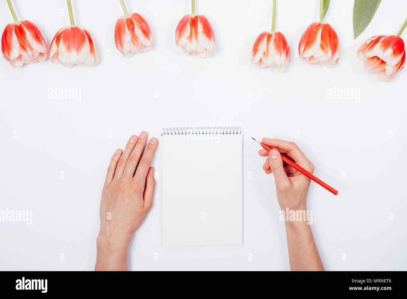 Top view of female hands writing in a blank notebook next to the red ...